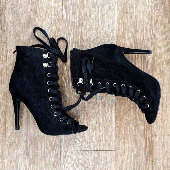 Shoes | Black Laceup Stiletto Heels With Zipper Back | Poshmark